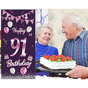 Happy 91st Birthday Sweet Purple Rose Banner Backdrop Balloons Confetti Cheers to 91 Years Old Bday Theme Decorations Decor for Door Cover Porch Women Men 91st Birthday Party Supplies Background