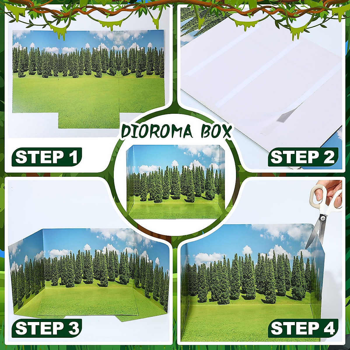 Trandraft 5 Pcs Diorama Kit Habitat Project Supplies with Double Sided Tapes Diorama Box for Display DIY Dollhouse Room, Jungle Style, 11.8 x 8.7 x 8.3 Inch