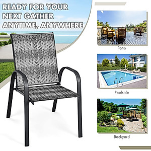 HAPPYGRILL Stackable Dining Chairs Set of 6, Outdoor PE Wicker Patio Arm Chairs with Rustproof Steel Frame, Stackable Bistro Deck Chairs for Backyard Garden and Poolside