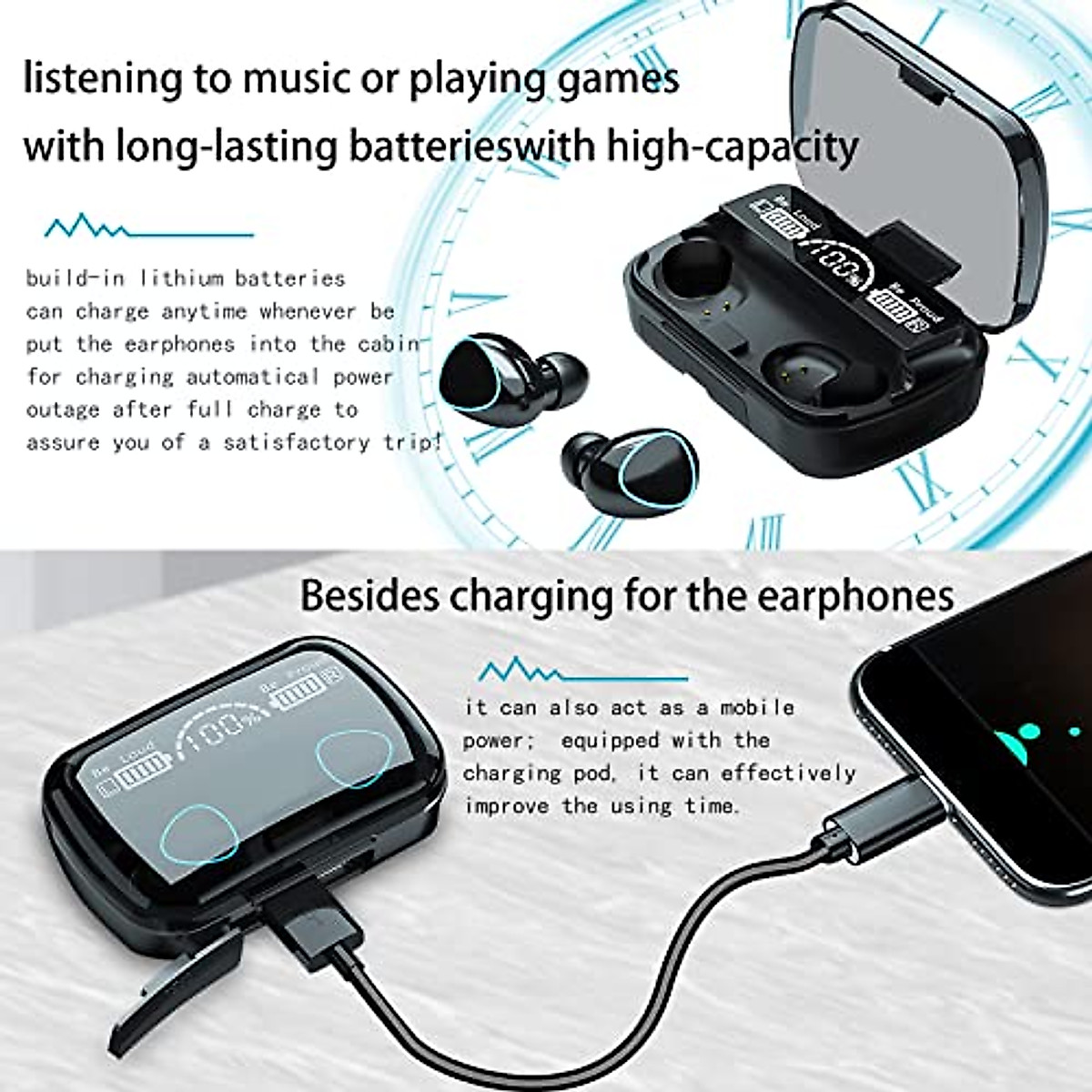 ＷＭＷＹＭＸ Wireless Earbuds Hi-Fi Stereo Deep Bass Bluetooth Fast Charging in-Ear Headphones Touch Control Headphones for Sports Office Cordless Earphones for iPhone/Android