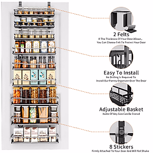 MSERCUOR Over The Door Pantry Organizer Rack, 9-Tier Metal Pantry Organization And Storage with Adjustable Baskets, Hanging Spice Rack for Home & Kitchen Laundry Room Bathroom (9 Tier Black)