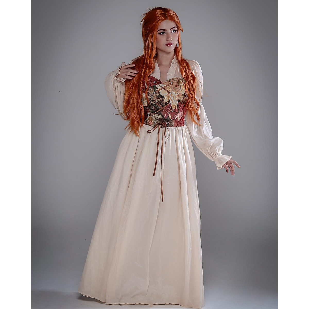 LTAKK Renaissance Dress Women Medieval Costume Victorian Ren Fair Dresses with Floral Corset, Beige, Large