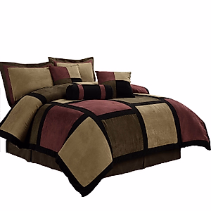 Chezmoi Collection 7-Piece Burgundy Brown Black Micro Suede Patchwork Comforter Set, King