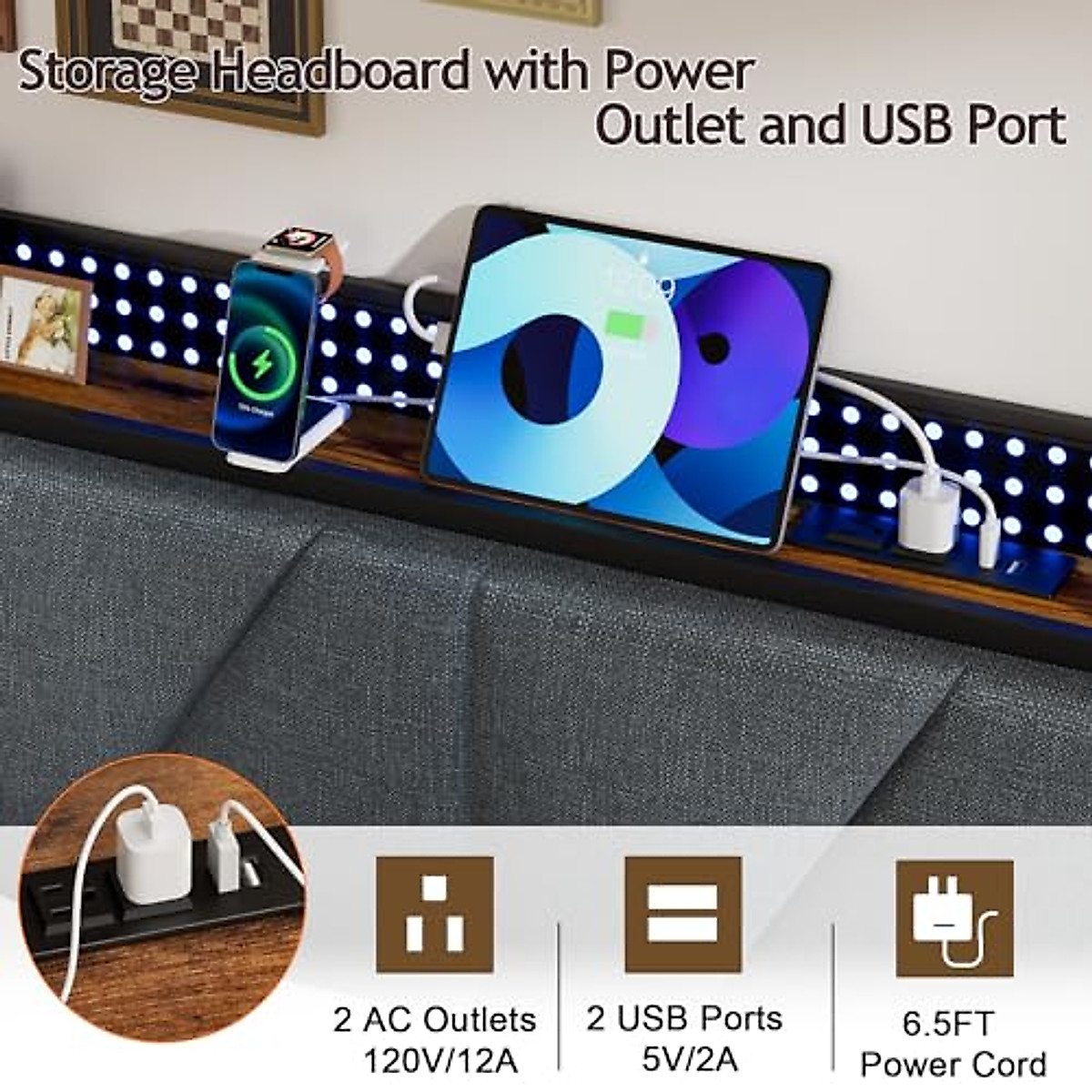 Furnulem Queen Size Bed Frame with LED Lights,Upholstered Storage Headboard with Charging Station and USB Port, Platform Bedframe Queen No Box Spring Needed, Noise Free