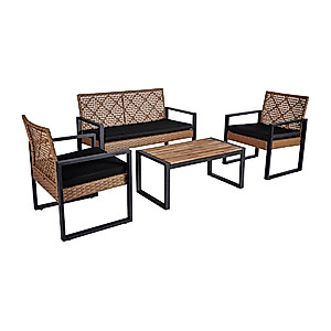 FocusOnHome 4-Piece Patio Furniture Set Outdoor Balcony Porch Garden Backyard Lawn Furniture Acacia Wood Table Top, Morden Black and Light Brown