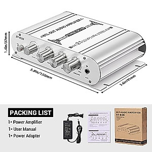 Facmogu ST-838 2.1CH Audio Power Amplifier, RMS 20Wx2+40W Class D Stereo Digital Audio Amp with Subwoofer Output, 80W Mini Subwoofer Amplifier Audio Stereo Bass Amp with DC12V Power Adapter - Silver