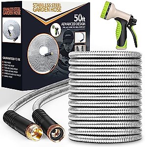Unywarse Metal Garden Hose 50ft, Stainless Steel Heavy Duty Water Hose with 10 Function Nozzle Flexible, Lightweight, Kink Free & Tangle Free, Pet Proof, Puncture Proof Hose for Yard, Outdoor