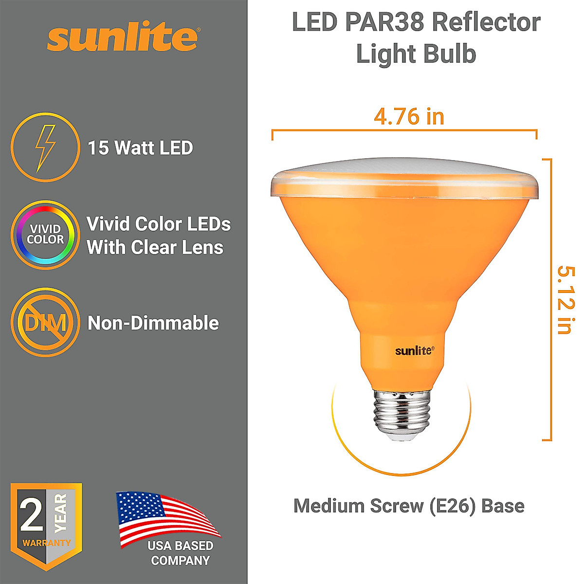 Sunlite 81479 LED PAR38 Colored Recessed Light Bulb, 15 watt (75W Equivalent), Medium (E26) Base, Floodlight, ETL Listed, Amber, 1 Pack