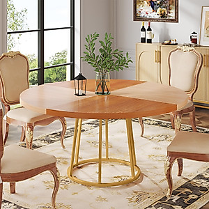 Tribesigns Round Dining Table for 4, 47 inch Kitchen Table Large Dinner Table with Circle Golden Metal Base Wood Grain Top for Home Kitchen Dining Room Living Room, Gold Maple(Only Table)