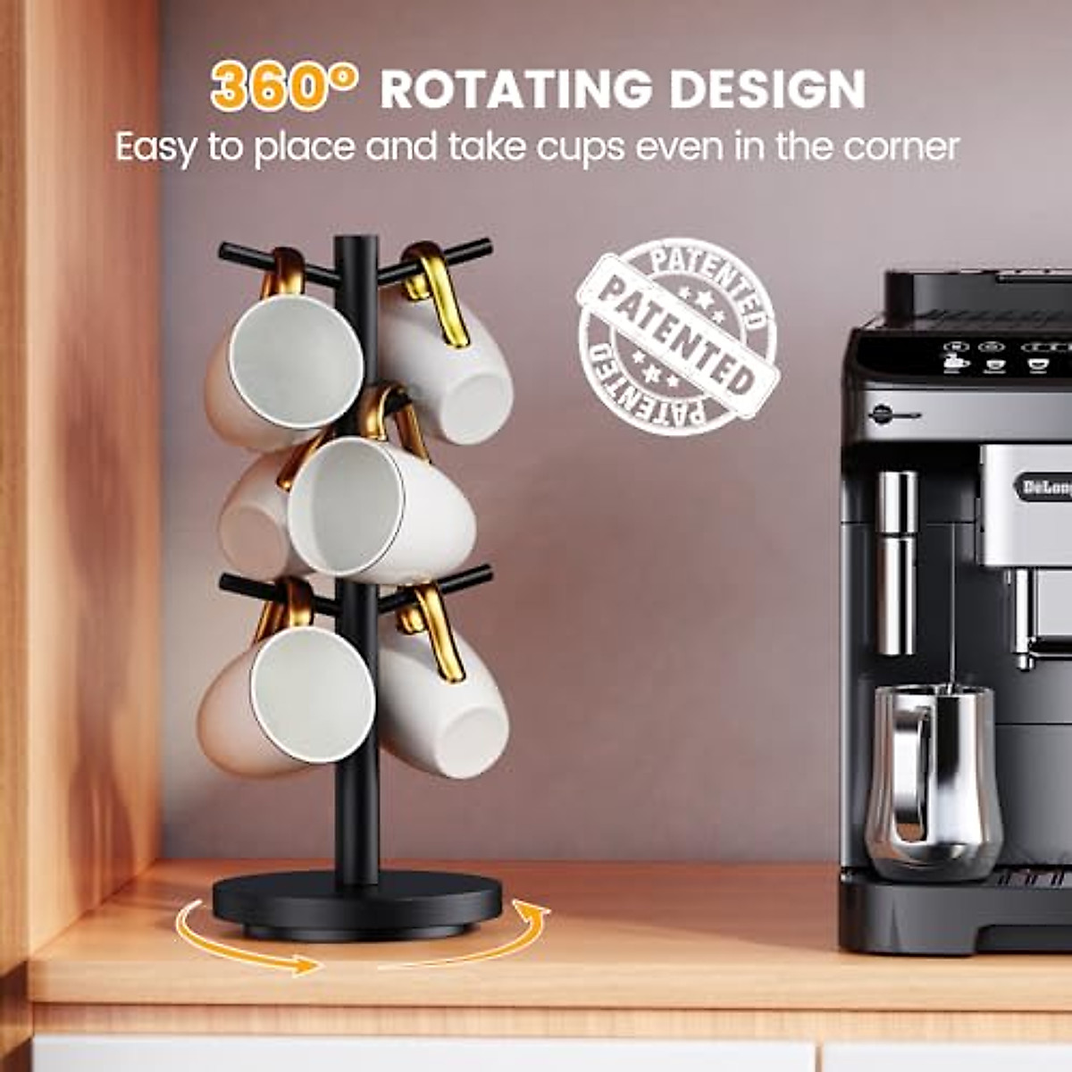 Coffee Mug Holder Tree, Upgraded 360° Rotated Coffee Cup Holder for Counter, Wood Coffee Mug Tree, Coffee Mug Rack with 6 Hooks, Coffee Mug Organizer Station, Mug Stand Coffee Bar Accessories, Black