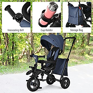 BABY JOY Toddler Tricycle, 7 in 1 Folding Steer Trike w/Rotatable Seat, Adjustable Canopy, Push Handle, Guardrail, Safety Harness, Brakes, Cup Holder & Storage, Tricycle for Toddlers Ages 1.5-5 (Blue)