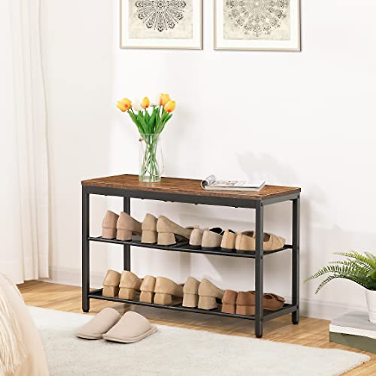 HOOBRO Shoe Bench, 3-Tier Shoe Rack, Industrial Shoe Organizer Storage Bench, 29.5 inches Entry Bench with Mesh Shelves, for Entryway, Living Room, Hallway, Easy Assembly, Rustic Brown BF75HX01