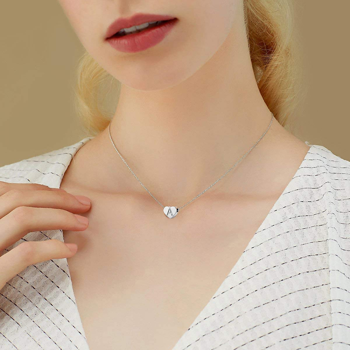 Tiny Initial Heart Necklace - 14K Gold Plated Letter Heart Pendant Necklace for Women (A-Silver)