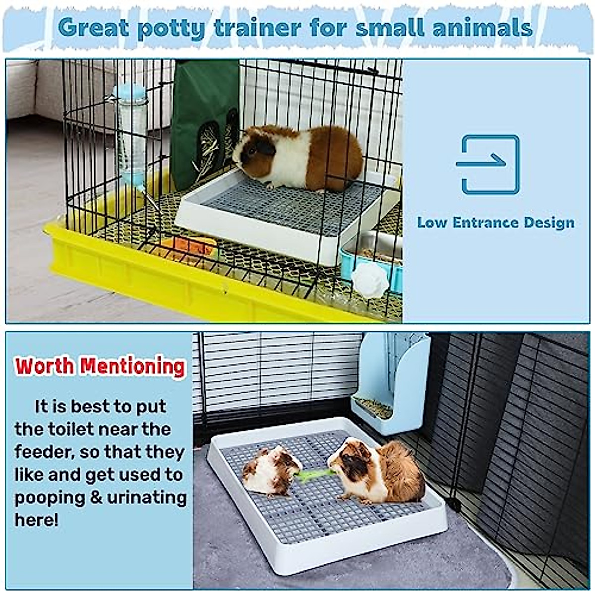 FHTONGE Guinea Pig Litter Box for Cage, Guinea Pig Litter Pan with Grid, Rectangular Guinea Pig Potty Trainer Tray Pet Toilet for Guinea Pig Rat Chinchilla Hedgehog Hamster Ferret Rabbit