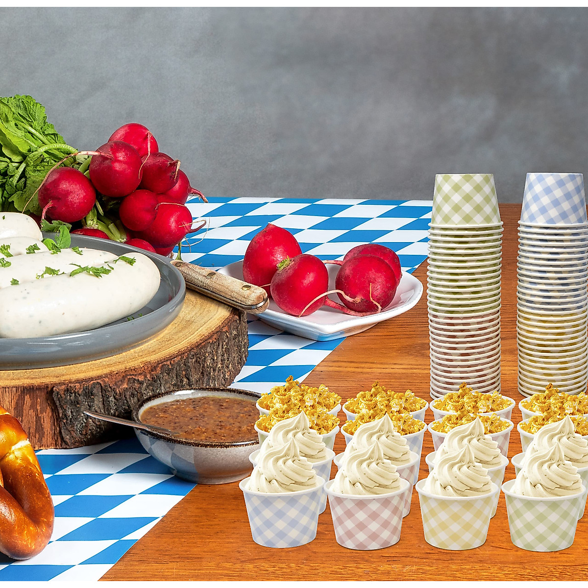 60 Count Pastel Gingham Ice Cream Treat Snack Cups 10 Oz. Disposable Paper Cup Dessert Ices Bowl Pink Blue Yellow Green Checkered Plaid For Frozen Treats Cupcake BBQ Picnic Party Favor Supplies