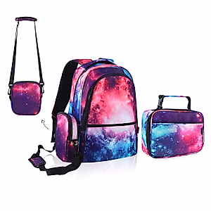 E-Clover Backpack for Girls Kids Galaxy Backpacks Purple Space Bookbags School Bag with Galaxy Lunch Box Set Valentines Day Gifts