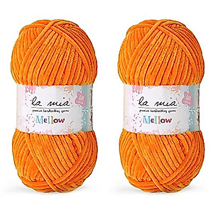 2 Skein La Mia Mellow Velvet Chenille Yarn for Knitting and Crocheting Baby Clothes, Blankets and Accessories, 100% Polyester, 100 gr (3.5 oz) / 115 m (125 Yards), Super Bulky, Neon Orange - 937