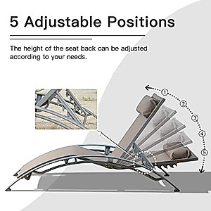 Domi Lounge Chair Set of 2, Aluminum Lounge Chairs for Outside with 5 Adjustable Positions, Chaise Lounge Outdoor for Pool, Garden, Beach, Camping, Backyard (Khaki)