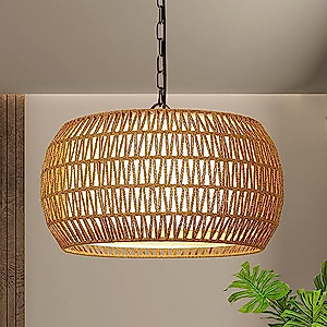 Rattan Farmhouse Chandelier Light Fixtures, 5-Lights Boho Large Pendant Light,Hand Woven Chandeliers for Dining Room with Fabric Shade,Rustic Chandeliers Hanging Light Fixtures for Kitchen Island