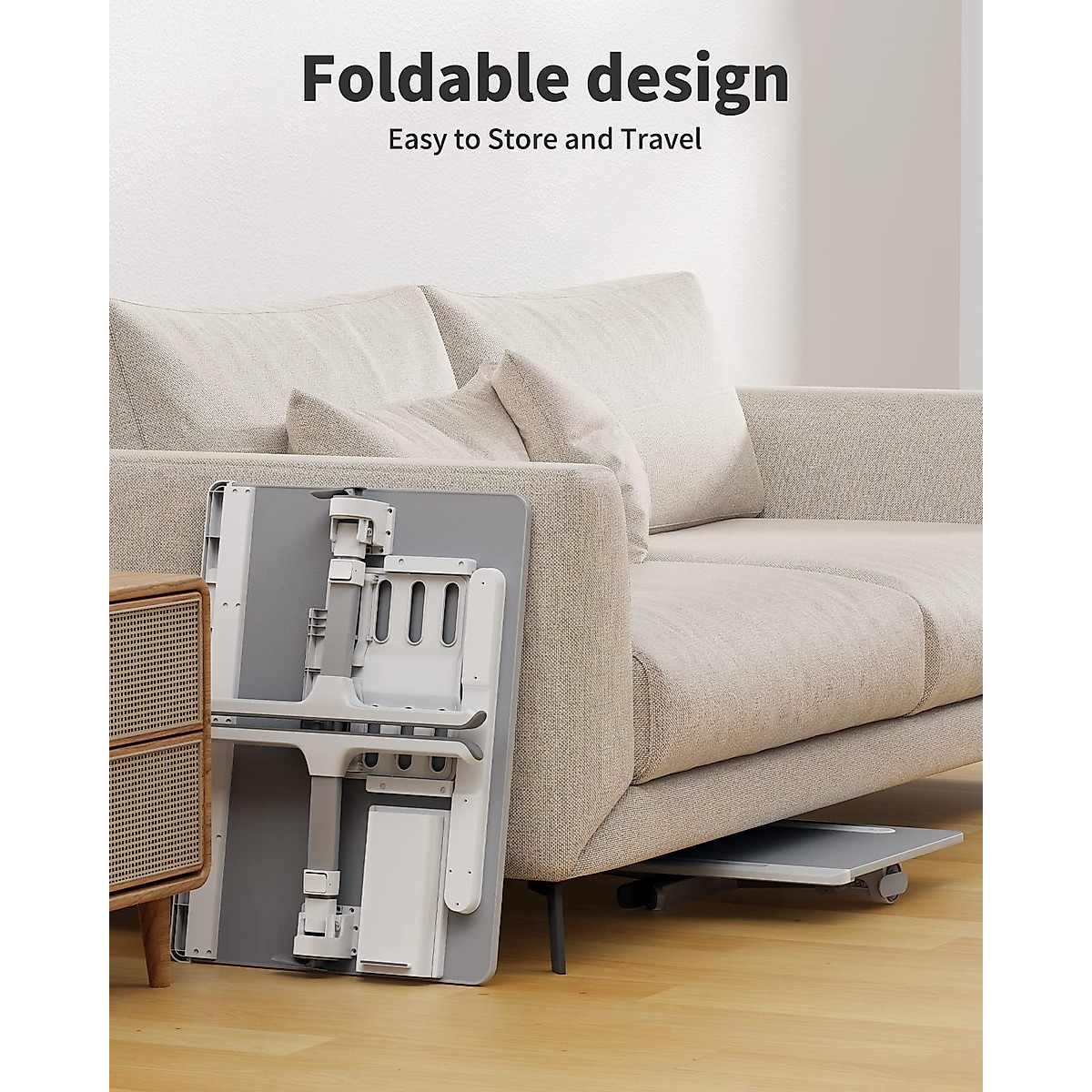 Laptop Bed Tray Desk with LED Desk Light, SAIJI Adjustable Laptop Stand for Bed, XX-Large PVC Leather Foldable Laptop Table with Book Stand, Wrist Rest, Extra Leg Room for Sofa Couch Floor (Gray)