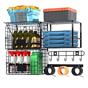 Niovrooro Garage Shelving Wall Mounted With Wire Baskets and Hooks,Basement Hanging Storage And Organizers,Heavy Duty Organization Shelves,Wall Storage Rack