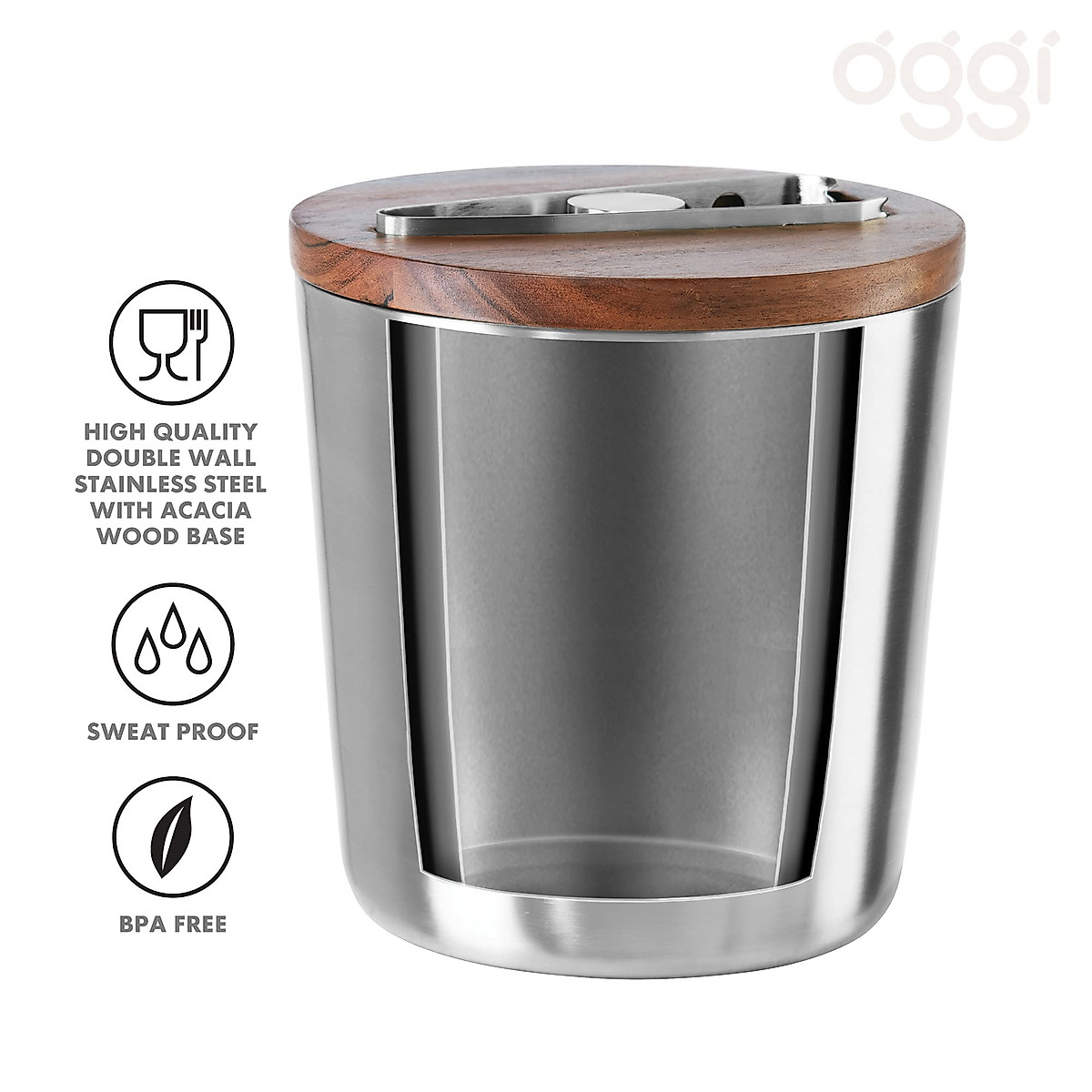 OGGI Modernist Satin Stainless Steel Ice Bucket- 2.3 Lt (2.5 Qt), Includes Acacia Wood Lid & Ice Tongs; Ideal as Bar Accessories, Champagne Bucket, Drink Chiller, Ice Bucket for Cocktail Bar