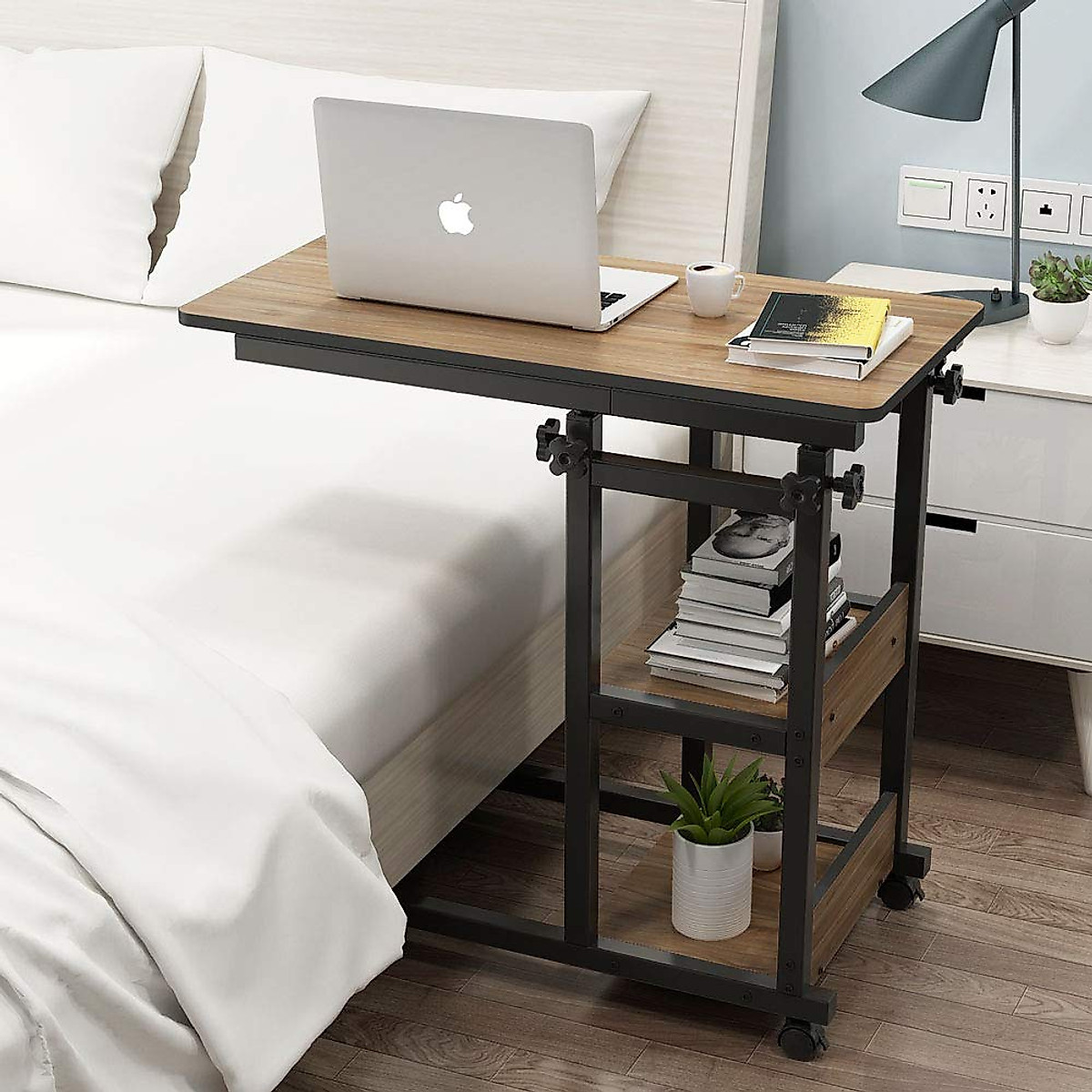 Tribesigns Adjustable C Table with Wheels, Mobile Snack Side End Table Sofa Couch Bedside Laptop Rolling Cart TV Tray with Storage Shelves