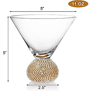 Youeon 11 Oz Stemless Martini Glasses Set of 2, Crystal Cocktail Glasses with Rhinestone Ball Base, Gold Wine Glasses for Bar, Martini, Margarita, Manhattan, Mixed Drinks, Desserts