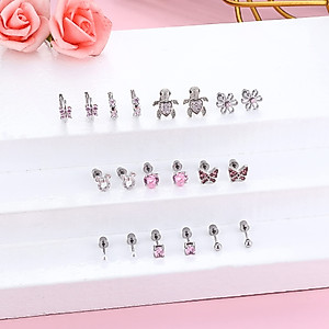 Thunaraz 10 Pairs Hypoallergenic Screwback Earrings for Women 316L Stainless Steel CZ Heart Hoop Earrings Cute Flower Butterfly Screw Back Stud Earrings Set 20G
