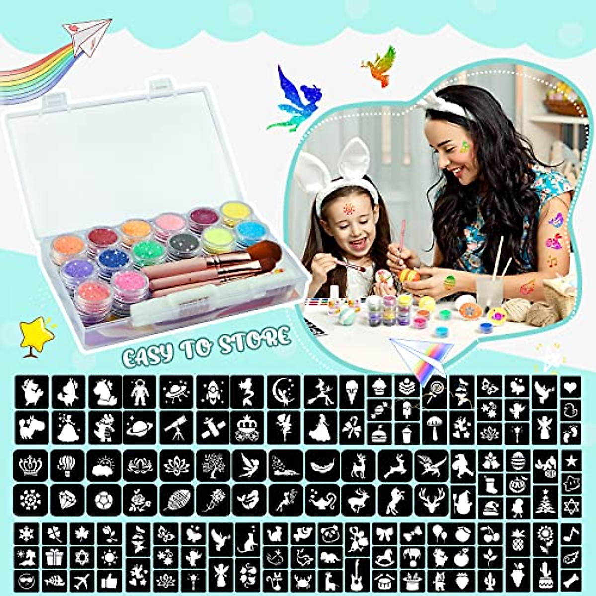 Temporary Glitter Tattoo Kids, Eleanore's Diary 31 Glitter Colors,165 Unique Stencils,2 Glue,4 Brushes,Adults & Kids Arts Glitter Make Up Kit, Gifts for Girls Boys Birthday Party Summer Beach Festival