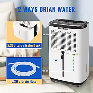 WANAI 30 Pints Dehumidifier for Basements with Drain Hose, 2500 Sq.Ft Dehumidifiers Auto Drain or Manual Drainage, Small Dehumidifier for Home Bedroom Bathroom with 2.2L Water Tank, 3 Modes, 24Timer