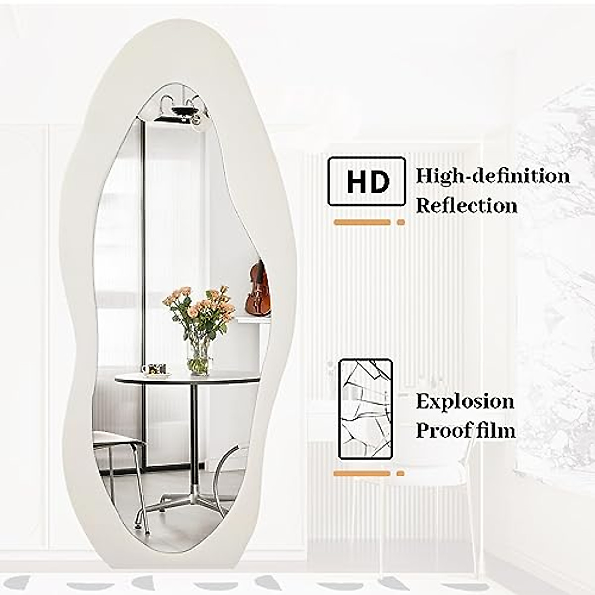 VooBang 63"x24" Irregular Mirror Full Length, Flannel Cloud Floor Mirror with Stand, Full Body Freely Standing Mirror for Bedroom, Living Room, Hanging or Against The Wall, White
