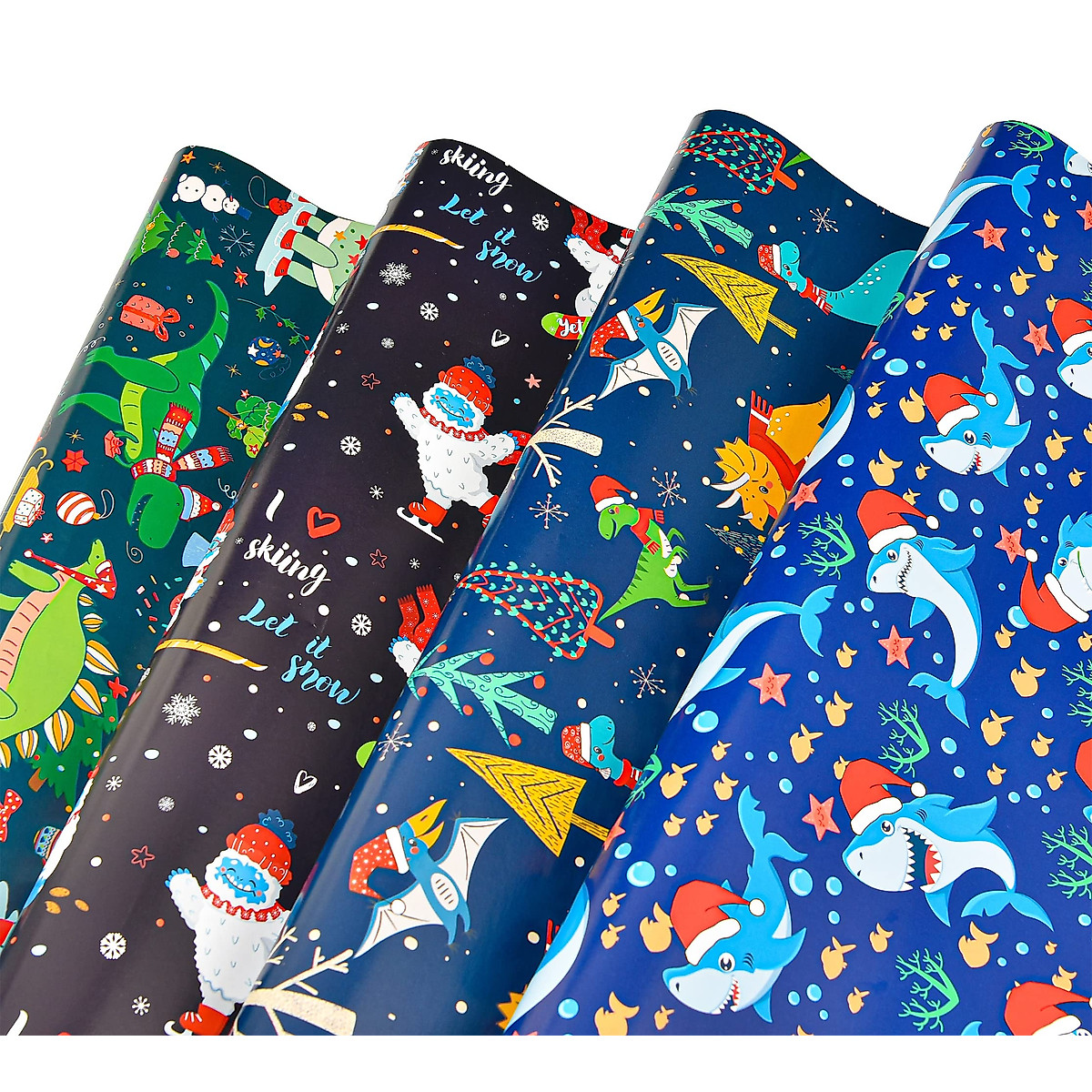 Titiweet Dinosaur Shark Animal Christmas Wrapping Paper for Kids - 12 Sheets, 20 x 28 Inches Per Sheet