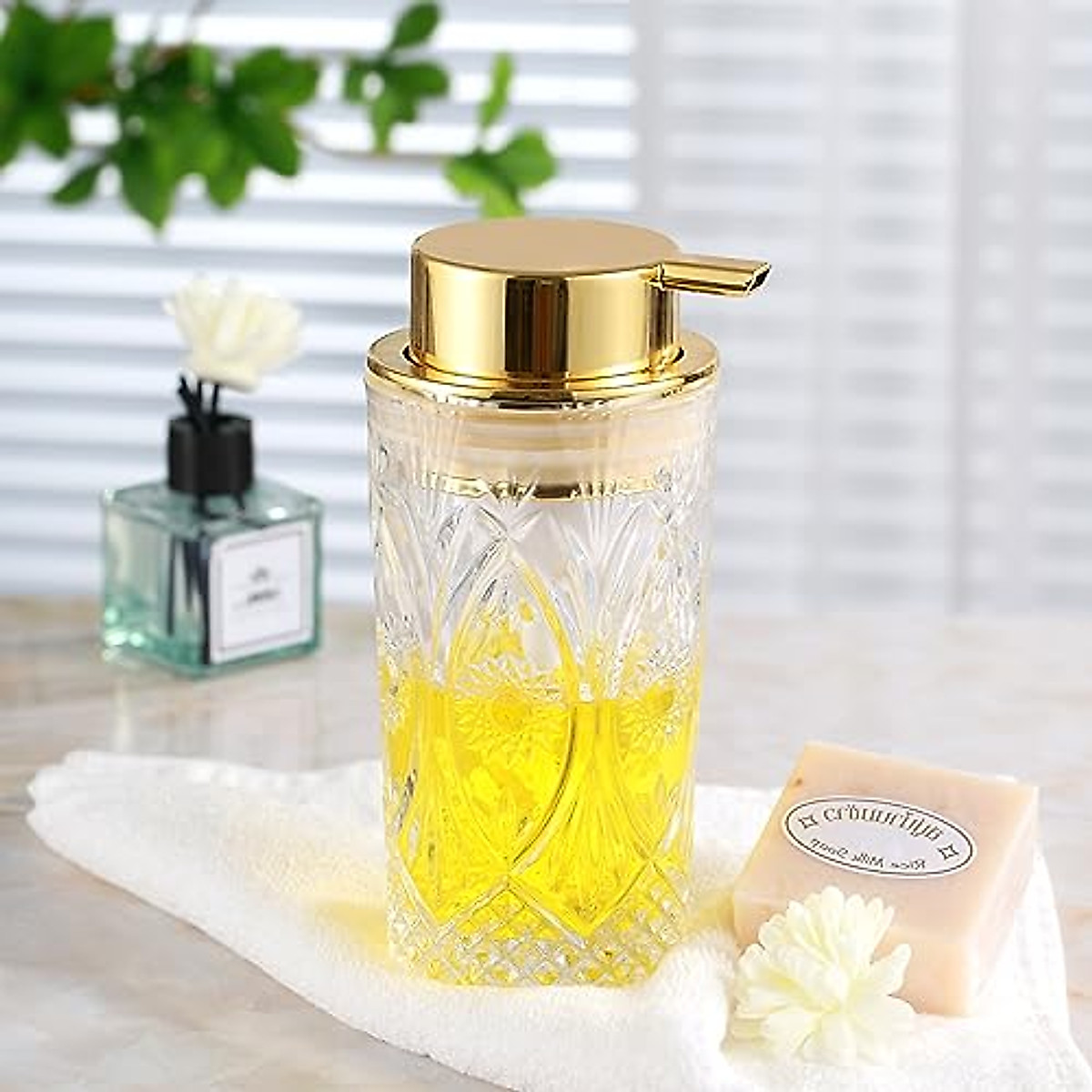 LEICURACE Glass Foaming Hand Soap Dispenser,Foaming Soap Dispenser for Bathroom,Clear Soap Dispenser with Pump (Sun Patteren)