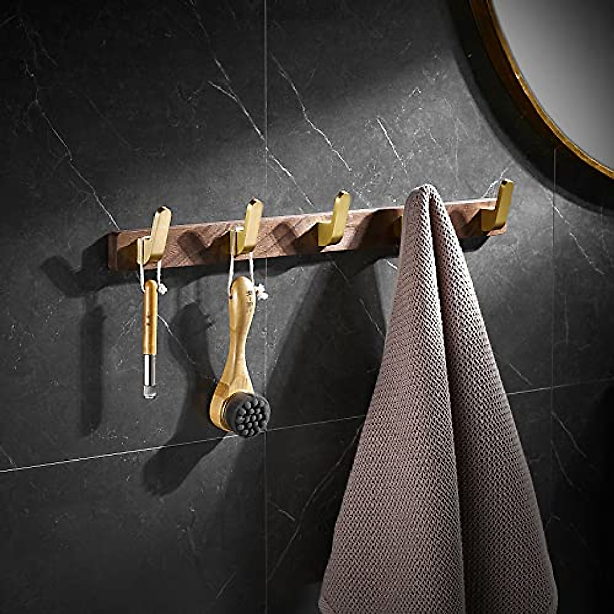 Generic Wall Mounted Coat Rack,Entryway Hanging Coat Rack,Metal Wood Coat Rail with 5 Rustic Hooks Rail for Coat,Scarf,Bag,Towel,Key,Cap,Cup,Hat,Walnut Gold Matt