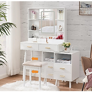 BEWISHOME Vanity Desk, White Vanity with Charging Station & Nightstand, Makeup Desk Makeup Vanity with Lights with 3 Colors Modes, Makeup Table Vanity Table with Stool Dressing Table Vanity Set FST18W