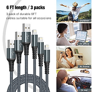 iPhone Charger, MFi Certified Lightning Cable 3Pack 6FT iPhone Charger Cord Fast Charging Nylon Braided Apple Charger, Compatible with iPhone 14/13/12/11/X/Pro/Max/8/7/6/6S/SE/Plus/iPad(Gray)