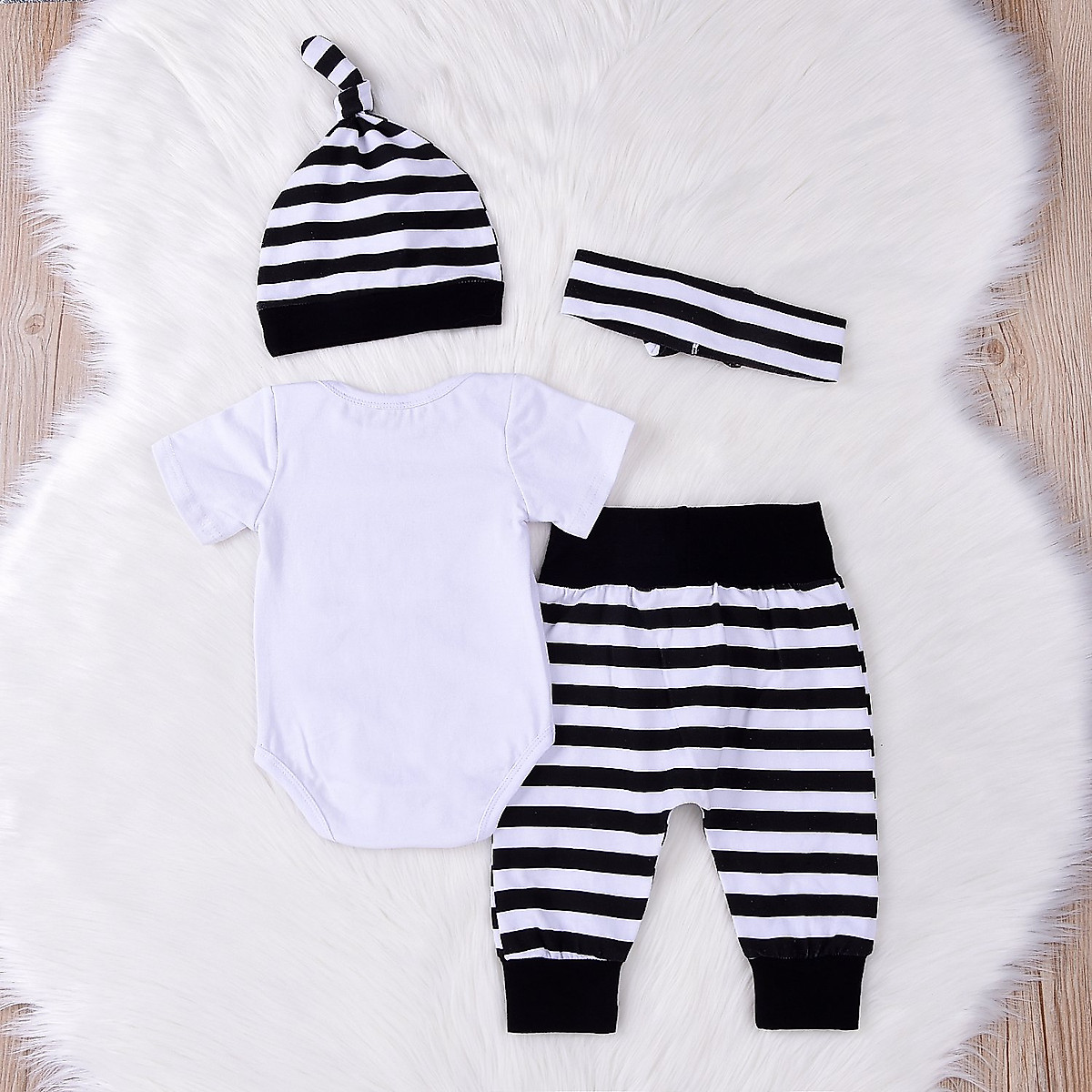 Newborn 4pcs Set Outfit Striped Hoodie with Romper Jumpsuit+ Striped Long Pants and Hat (Newborn, White)