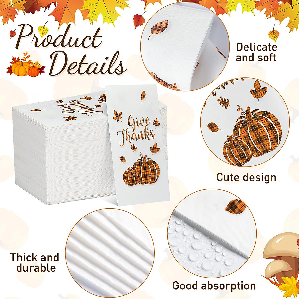 100 Pcs Disposable Thanksgiving Napkins Fall Leaves Paper Napkin Give Thanks Pumpkin Guest Towels for Autumn Harvest Fall Decoration, Home Kitchen Bathroom Dinners or Events Holiday Party Napkins