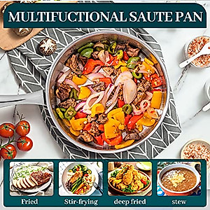 DELUXE 12 Inch Stainless Steel Skillet Frying Pan, Large Pan with Lid and Stay-Cool Handle, 5qt Deep Sauté Pans for Deep-Fry Braise Stew, Multipurpose Cooking Pot for Induction Gas Stove