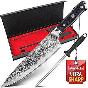 MOSFiATA Chef Knife 8 Inch, Damascus Kitchen Knife,Ultra Sharp Chef's Knives with 67-Layer Damascus Steel VG-10 Blade,Knife Sharpener Rod Gift Box