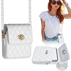 Universal Z Flip Pouch for Galaxy Z Flip5/4/3, with Crossbody Strap Lanyard PU Leather Phone Purses, Women Flip Phone Wallet Case for Galaxy Z Flip Series, Moto 40Ultra and More Flip Phone - White