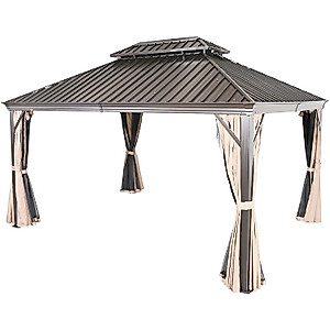 Patio Tree 10' x 12' Patio Gazebo Non-Rust Aluminum Outdoor Hardtop Permanent Pergola Shelter Tent with Galvanized Steel Canopy Roof, Mosquito Netting and Privacy Curtain