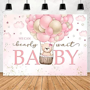 MAYSSKQ Girl Bear Baby Shower Backdrop Hot Air Balloon Bear Theme Baby Shower Photo Background We Can Bearly Wait Gold Dots Party Decorations Supplies (Pink, 7x5ft)