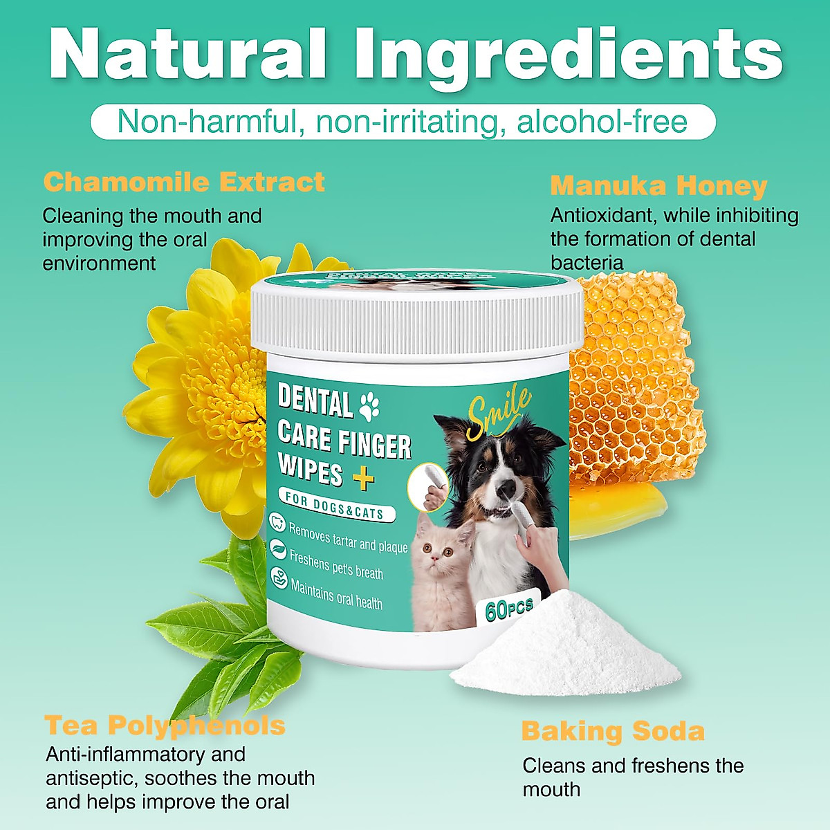 RUAKPL Dog Teeth Cleaning Wipes, Pre-Soaked Pet Tooth Finger Wipes 60pcs, Soothing Cleaning Pet Teeth, Reducing Tartar and Plaque, Freshening Breath, Maintaining Your Dog's Oral Health