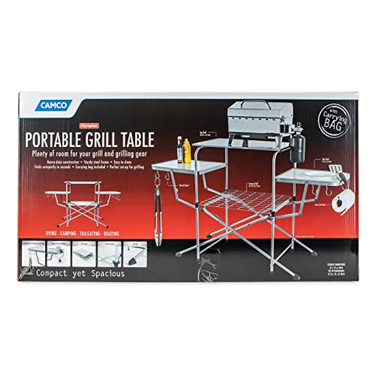 Camco Olympian Deluxe Portable Grill Table | Provides Plenty of Room for Grilling Gear | Ideal for Picnics, Camping, Boating, Tailgating, and Backyard BBQs | (57293) Silver