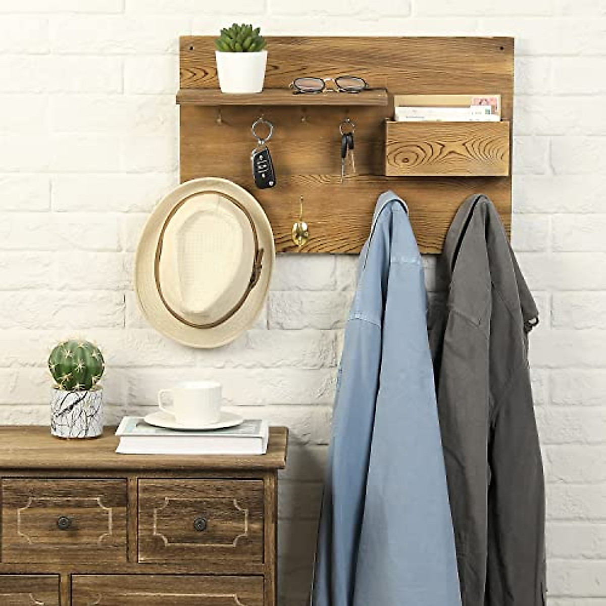 MyGift Wall Mounted Solid Burnt Wood Entryway Key and Mail Holder Organizer Storage Rack with Display Shelf and 8 Hooks