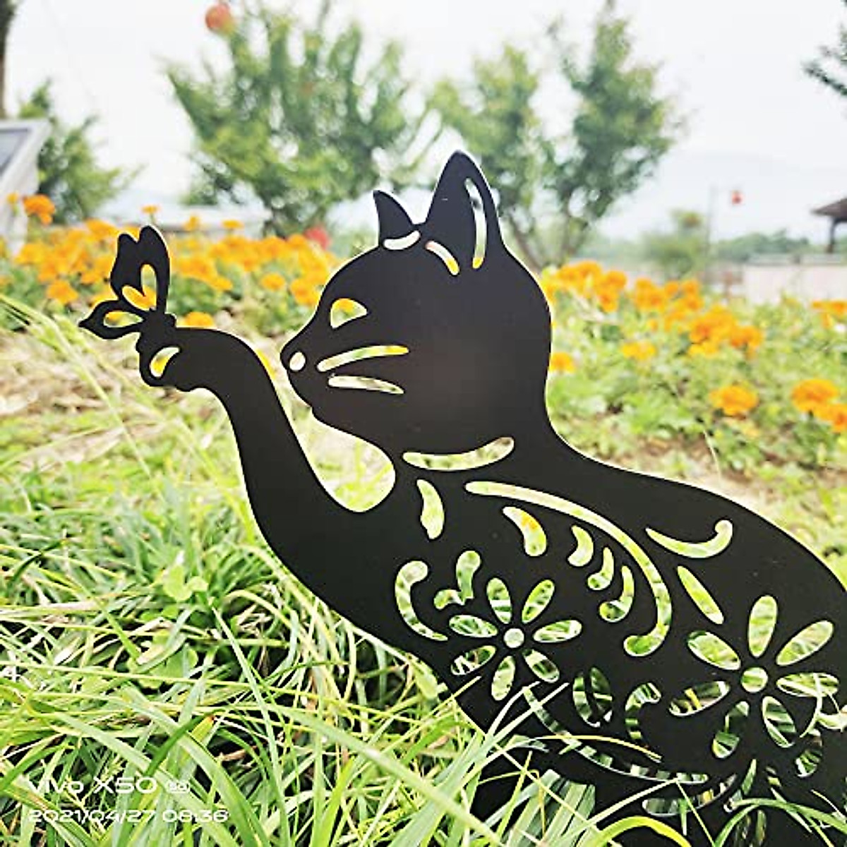 FASHAJI Cat Garden Decor, Metal Cat for Kitchen Outdoor, Yard Art Metal Cat Sculpture for Backyard Farm Patio Yard Lawn Home Decorations