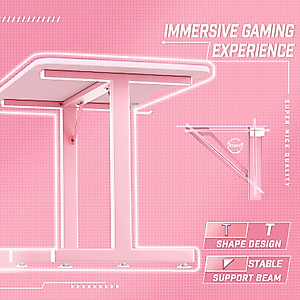 Vitesse Pink Gaming Desk 40 Inch Cute Kawaii Computer Table T Shaped Girl Gamer Workstation Home Office with Carbon Fiber Surface and Headphone Hook (Pink) 40*28*21.5