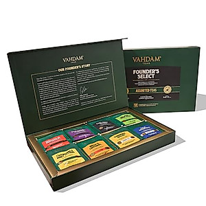 VAHDAM, Founder's Select - Assorted Tea Sampler Gift Set (8 Flavors, 40 Pyramid Tea Bags) Tea Variety Pack - Black Tea, Green Tea, Chai Tea, Herbal Tea | Tea Bags Variety Pack | Gifts for Women & Men